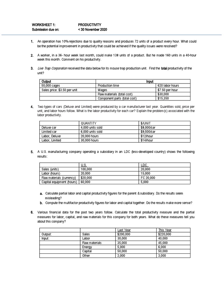 WORKSHEET 1 - Productivity | PDF | Labour Economics | Economies
