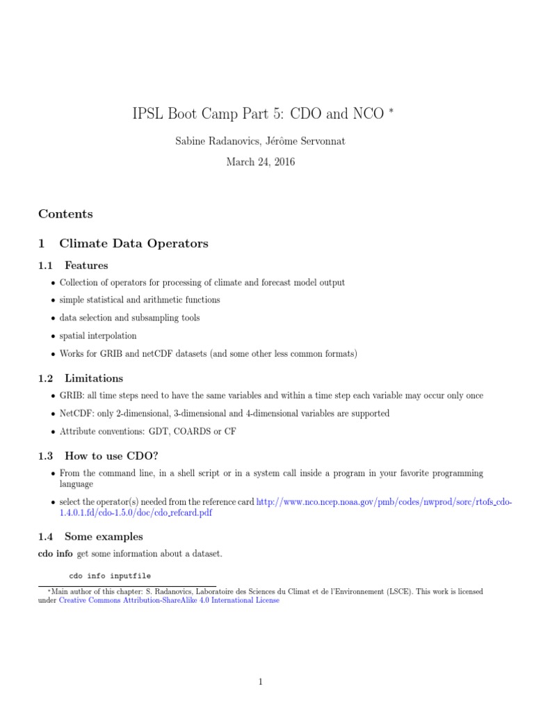 IPSL Boot Camp Part 5: CDO and NCO: 1 Climate Data Operators | PDF | Data Compression | Computer ...