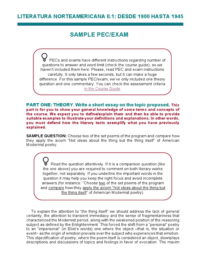 Sample Pec/Exam: Literatura Norteamericana Ii.1: Desde 1900 Hasta 1945 ...