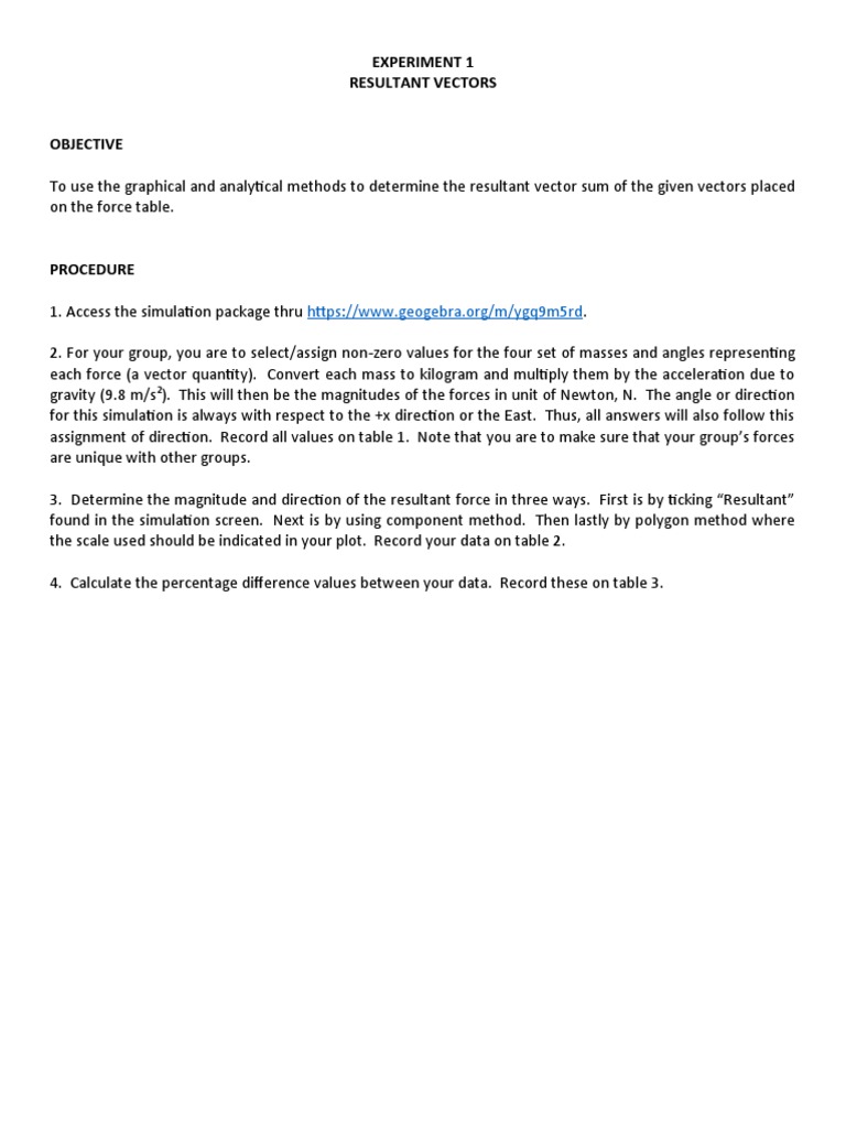 Resultant Vectors Experiment | PDF | Euclidean Vector | Force