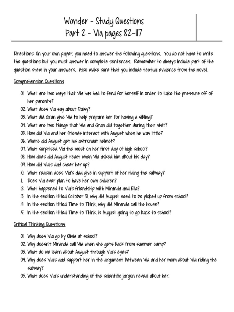 Wonder Part 2 Study Questions | PDF | Wellness