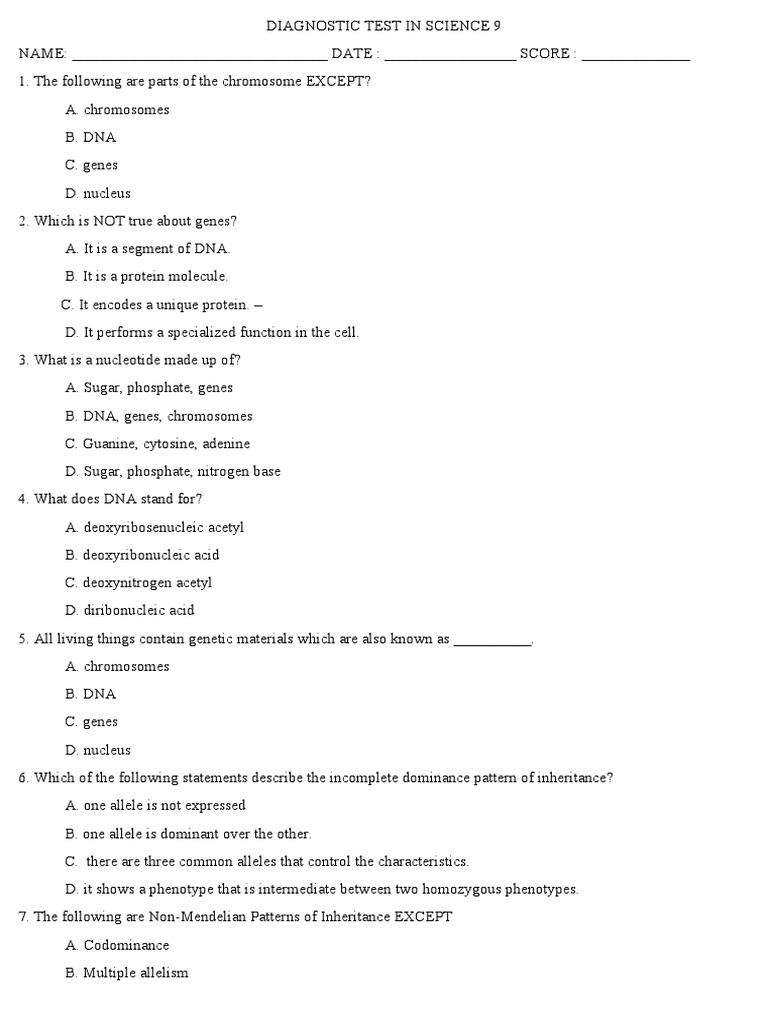 Analysis of a Science Diagnostic Test Covering Genetics, Atomic ...