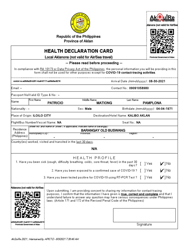 Aklan COVID-19 Health Declaration Form | PDF | Government And ...