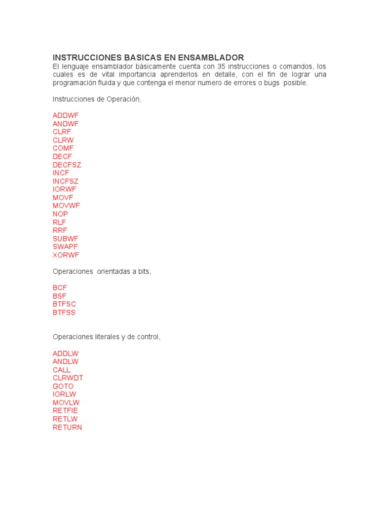 Instrucciones Basicas en Ensamblador | PDF | Lenguaje ensamblador | Programa de computadora