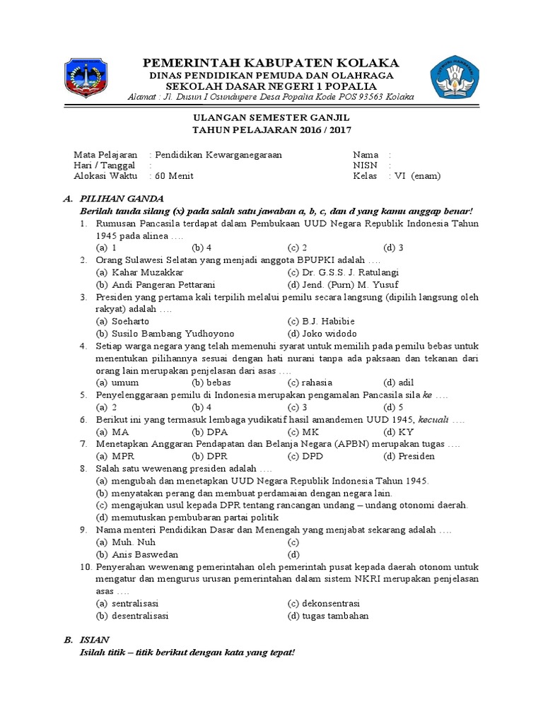 Soal Semester Ganjil Kls. 6 | PDF