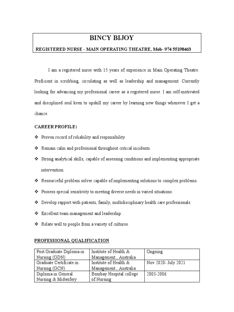 Bincy - Updated Resume | PDF | Nursing | Health Care