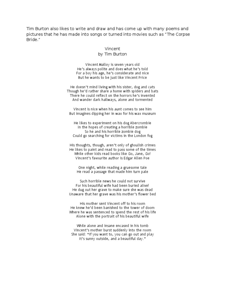 Tim Burton's Vincent Poem | PDF | Leisure