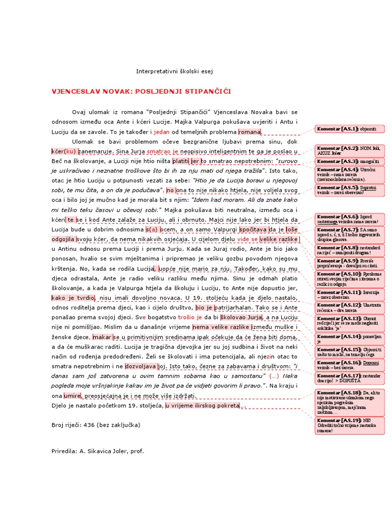 Ispravljeni Esej Posljednji Stipančići | PDF