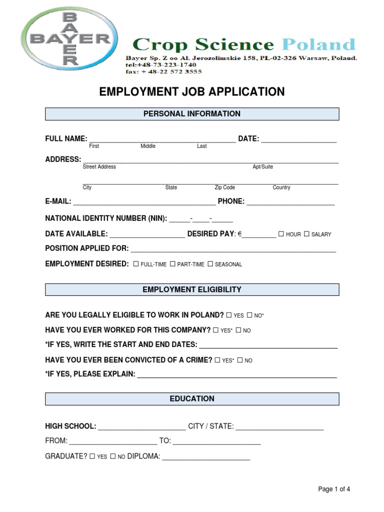 Bayer Crop Science Polska Employment Application | PDF | Military ...