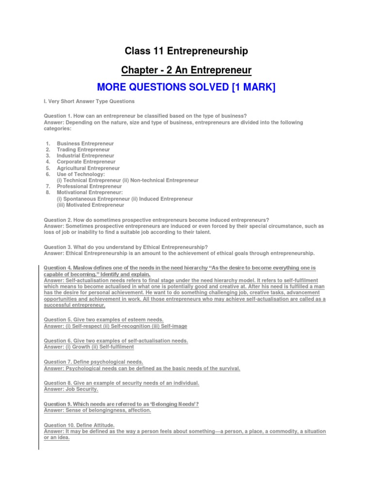 More Questions Solved (1 Mark) : Class 11 Entrepreneurship Chapter - 2 ...