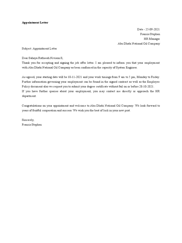 Nivison System Engineer Appointment Letter | PDF