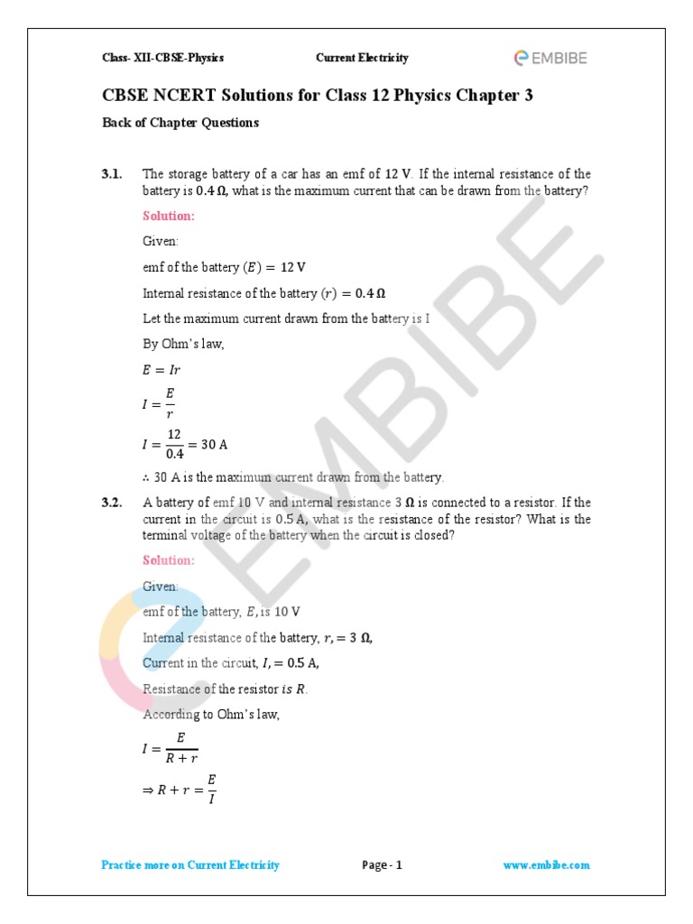 CBSE NCERT Solutions For Class 12 Physics Chapter 3 | PDF | Electrical ...
