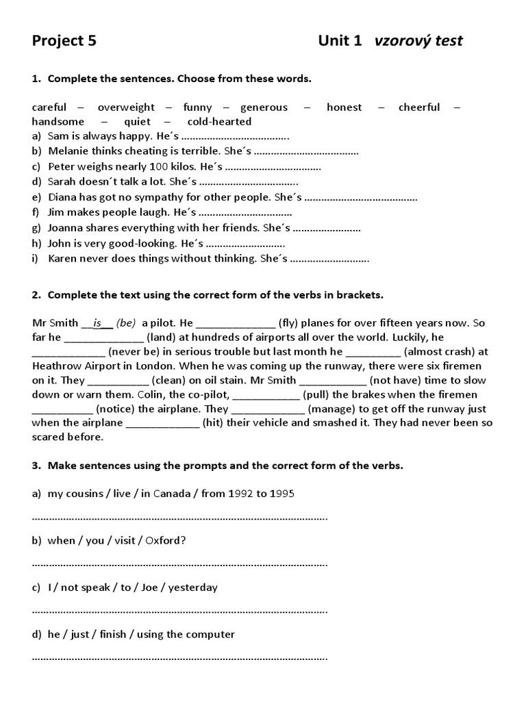 Project 5 Unit 1 Vzorový Test: 1. Complete The Sentences. Choose From ...