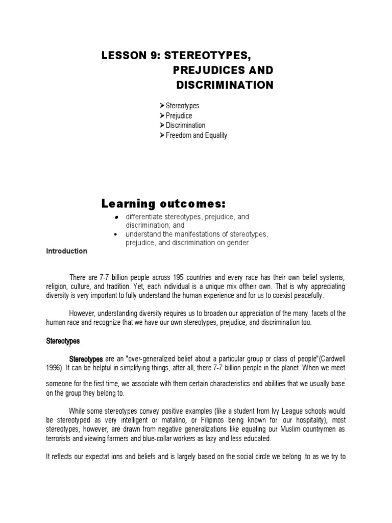 Lesson 9 - Stereotypes | PDF | Discrimination | Stereotypes