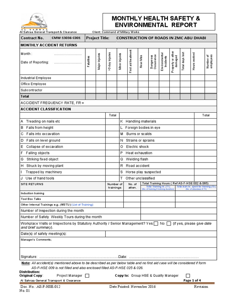 12 as-F-HSE 012 - Monthly HSE Report | PDF | Safety | Occupational ...