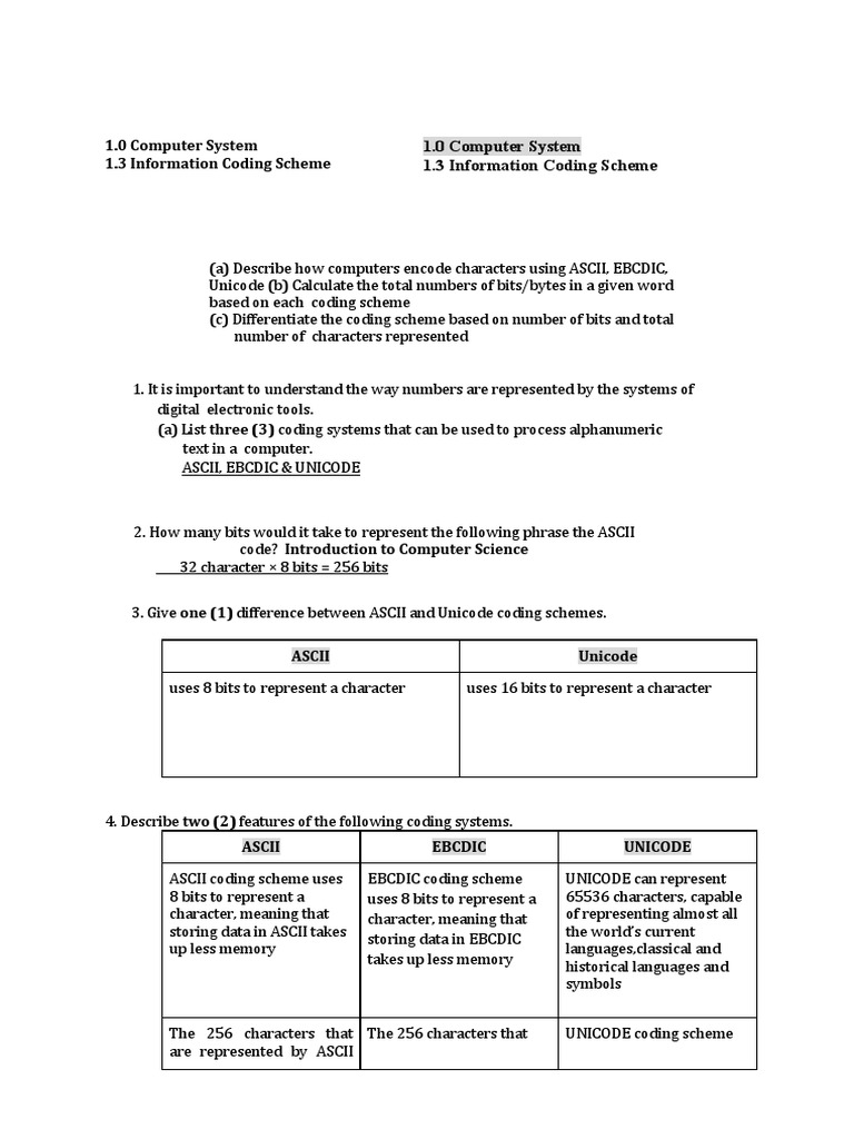 1.0 Computer System 1.3 Information Coding Scheme | PDF | Ebcdic | Code
