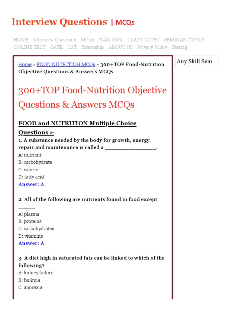 Comprehensive Review of Food and Nutrition Multiple Choice Questions ...