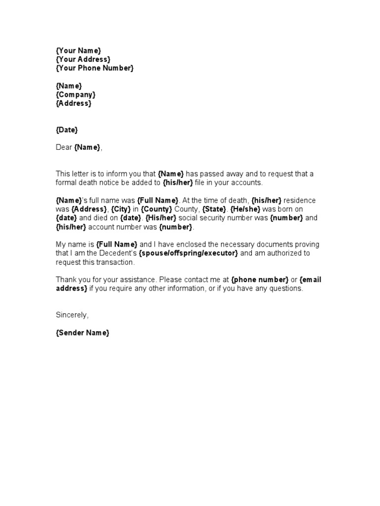 Death Notification Letter Template | PDF | Law