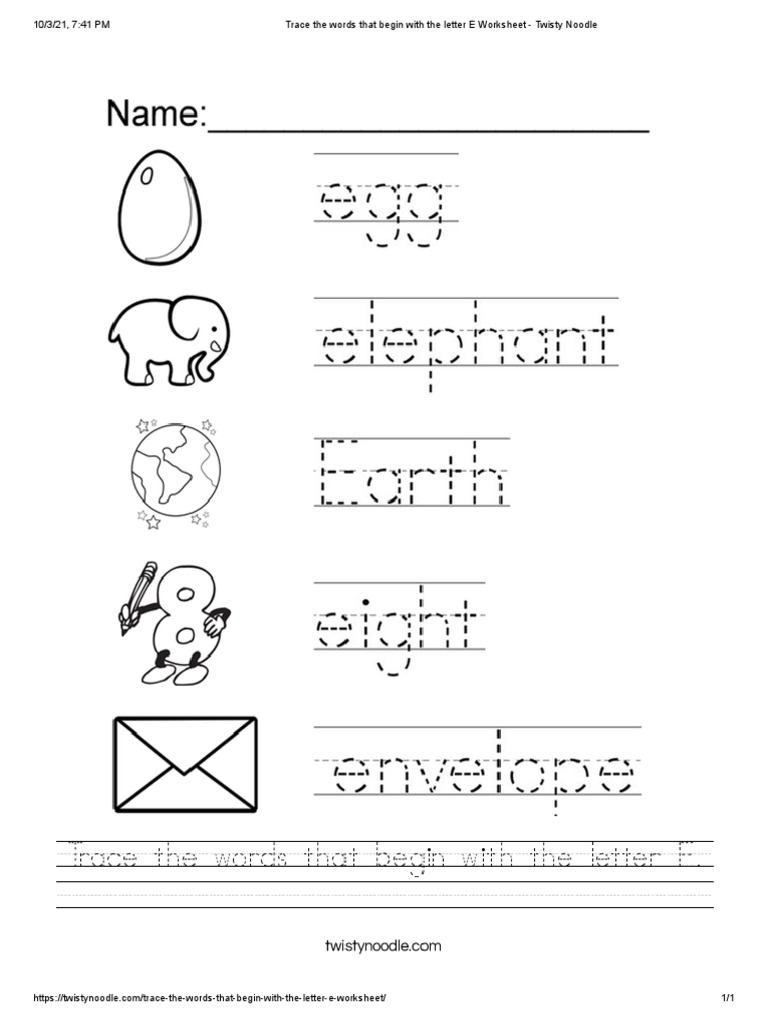 Trace Letter E Worksheets