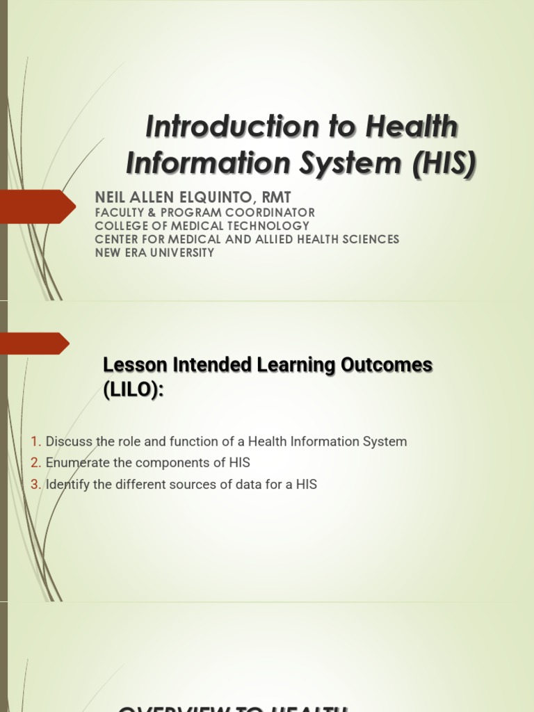 Lesson 5 1 Introduction To Health Information System His 1 Pdf