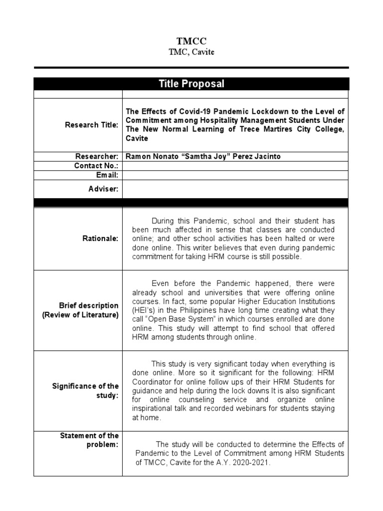 Title Proposal: TMC, Cavite | PDF | Emergency Management