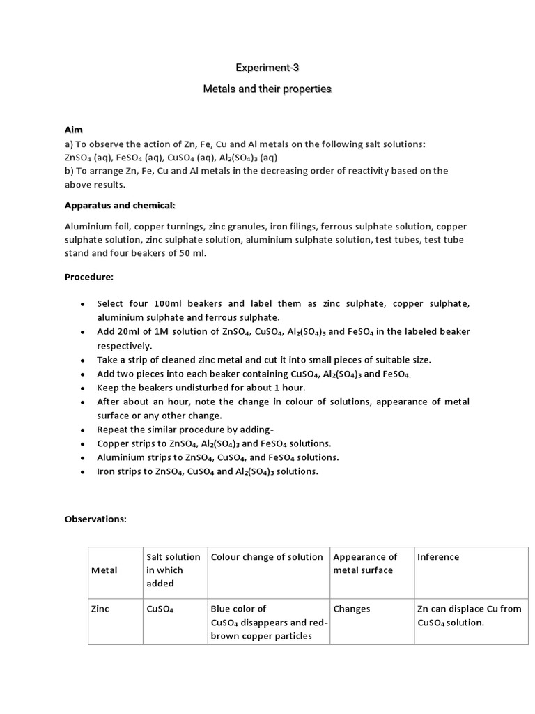 Experiment-3 Metals and Their Properties Updated | PDF | Zinc | Chemistry