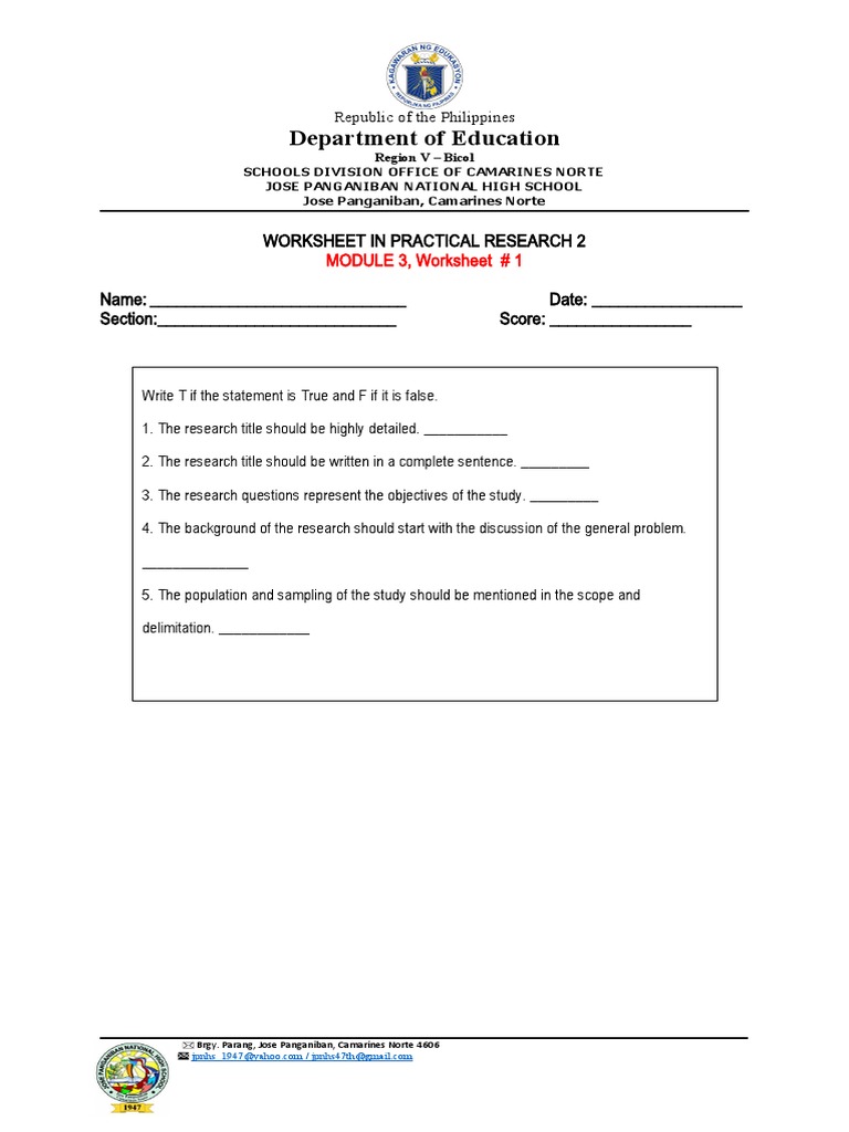 Worksheets For PR2 - Q1M3 | PDF | Educational Assessment | Teachers