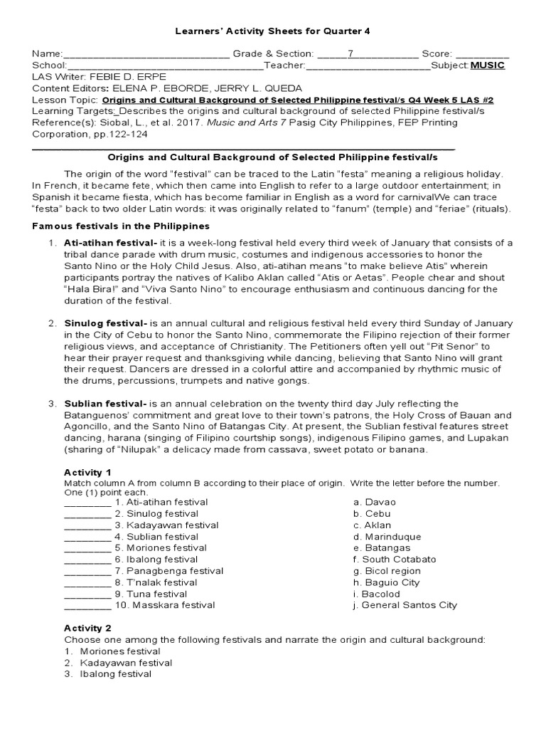 Learners' Activity Sheets For Quarter 4 | PDF | Trumpet | Cebu