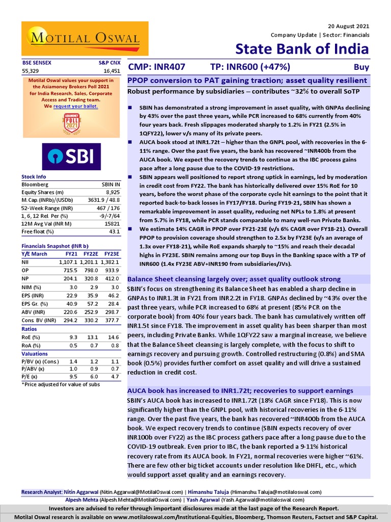 State Bank of India: CMP: INR407 TP: INR600 (+47%) | PDF | Banks | Stocks
