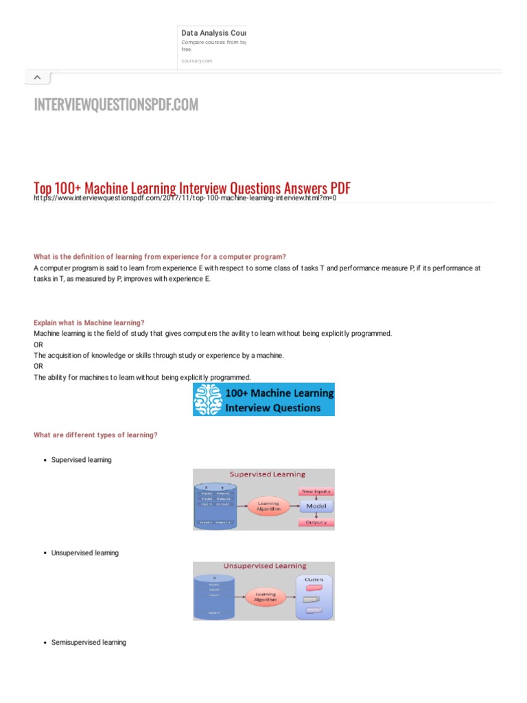 Top 100+ Machine Learning Interview Questions Answers PDF | PDF ...