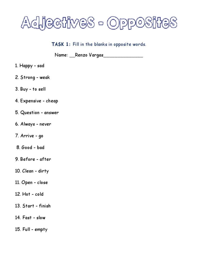 Adjectives Opposites Vocabulary Activity | PDF