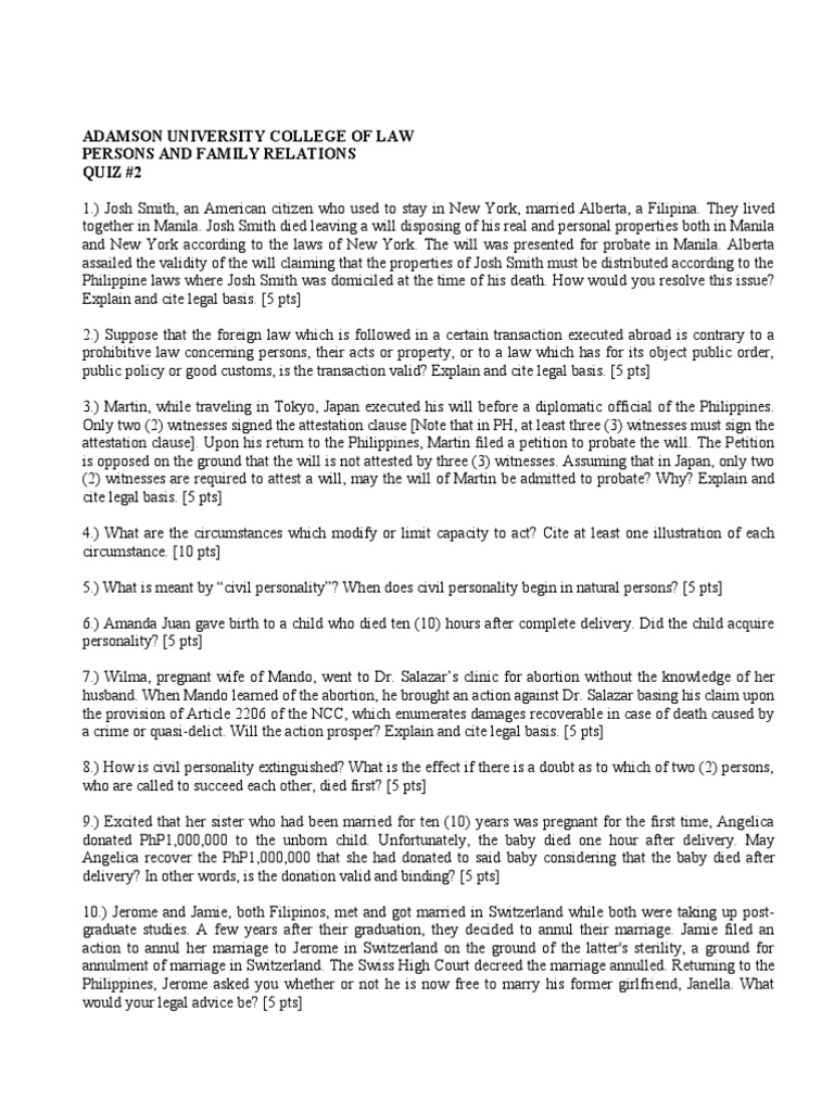 Adamson University College of Law Persons and Family Relations Quiz #2 ...