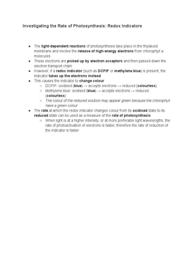 Investigating The Rate of Photosynthesis - Redox Indicators | PDF ...