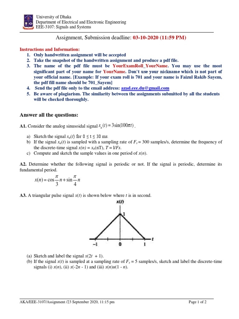 Sampling and Discrete-Time Signals: An Assignment for EEE-3107 Signals ...
