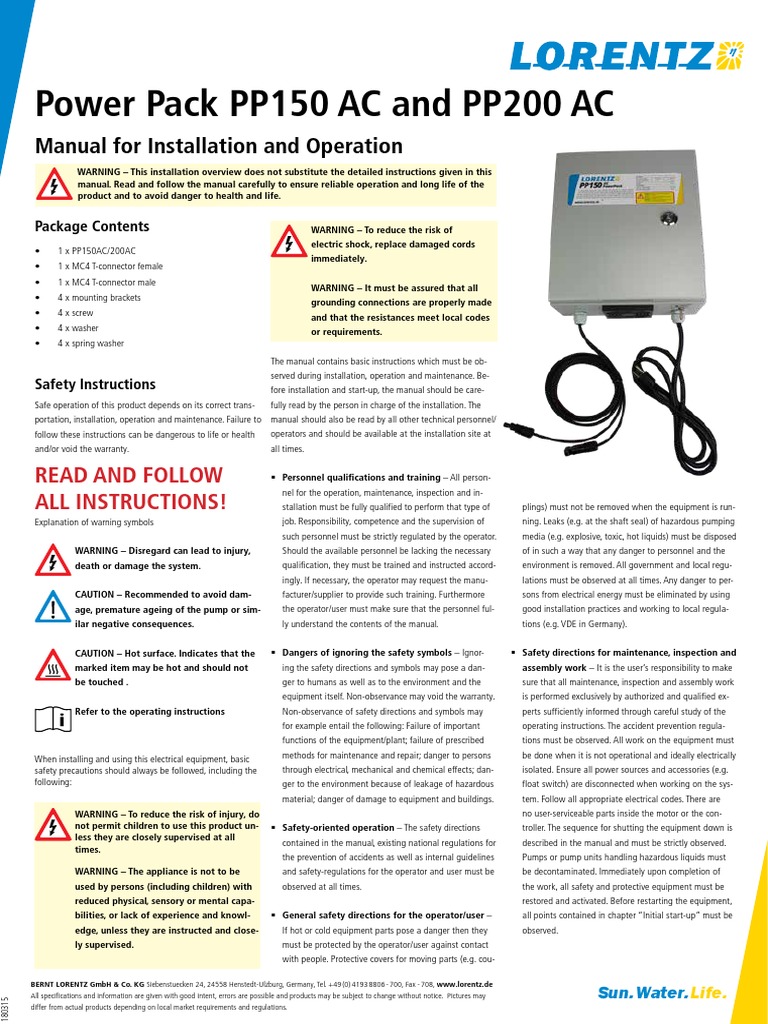 Lorentz Pp150-Pp200 Ac Powerpack Manual en | PDF | Photovoltaics | Power Supply