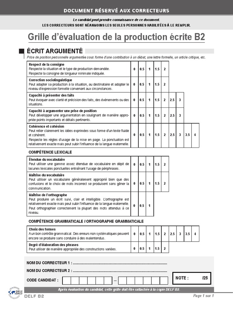 B2 Grille Production Ecrite | PDF | Lexique | Orthographie