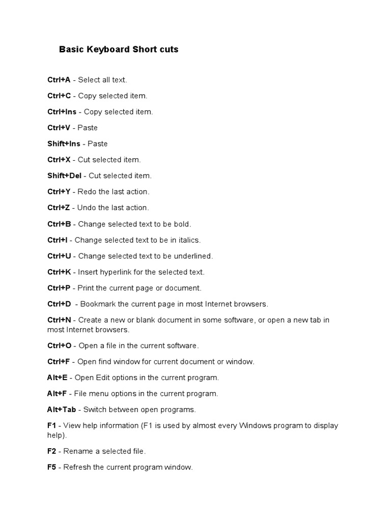 Basic Keyboard Short Cuts: Most Internet Browsers | PDF | Microsoft ...