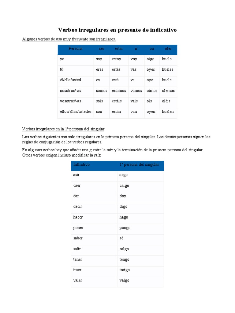 Presente Indicativo Verbos Irregulares | PDF | Verbo | Relaciones ...