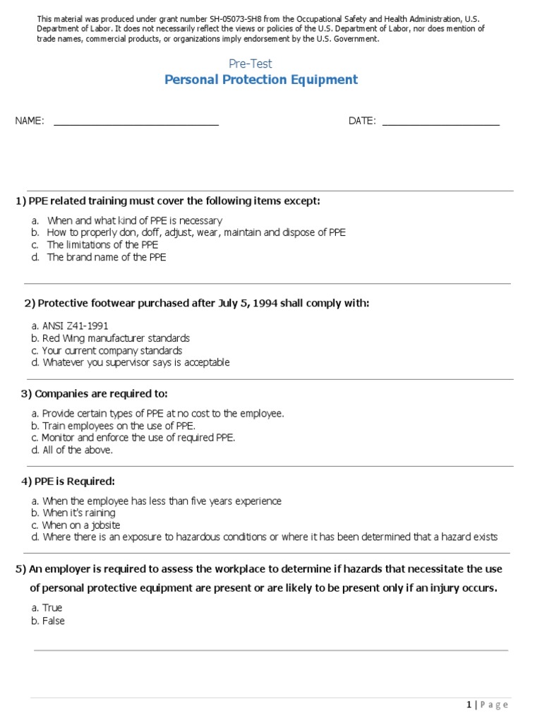 Personal Protection Equipment - Pre Test & Answer Key | PDF | Personal ...