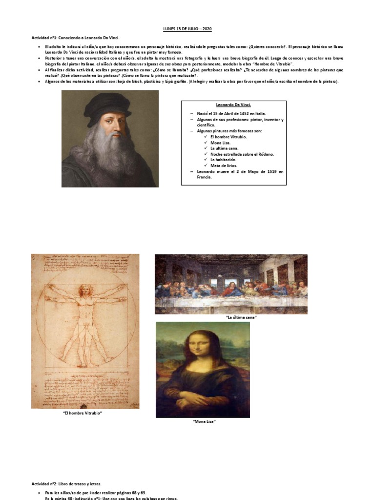 Actividades Del 13 Al 17 de Julio | PDF | Leonardo Da Vinci | Pinturas