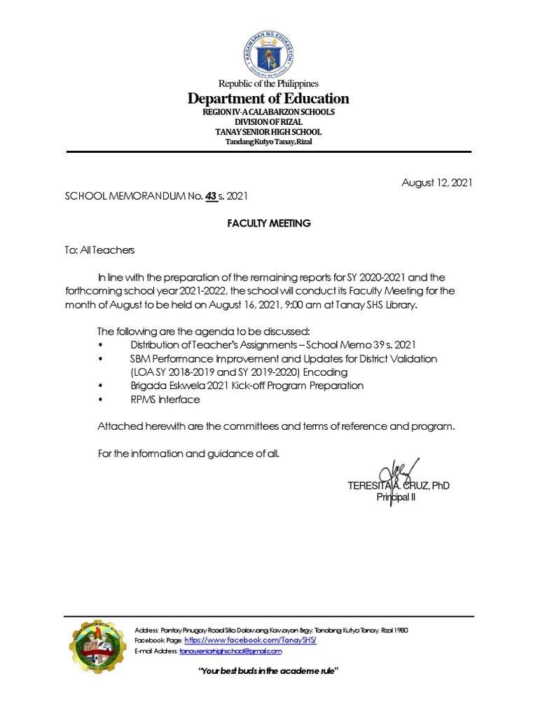 Faculty Meeting Memo for Teachers | PDF