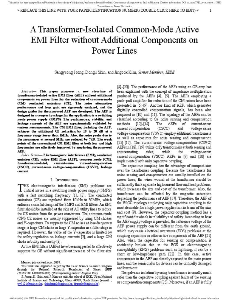 A Transformer-Isolated Common-Mode Active EMI Filter Without Additional Components On Power ...