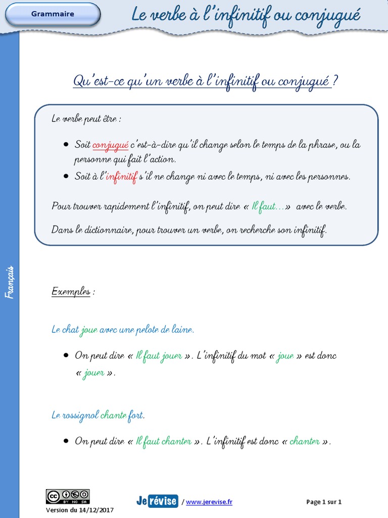 Verbes : Infinitif et Conjugaison | PDF | Arts du langage et discipline ...