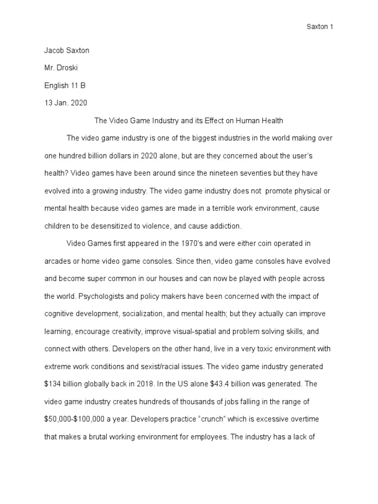 The Video Game Industry and Its Effect On Human Health Argumentative ...