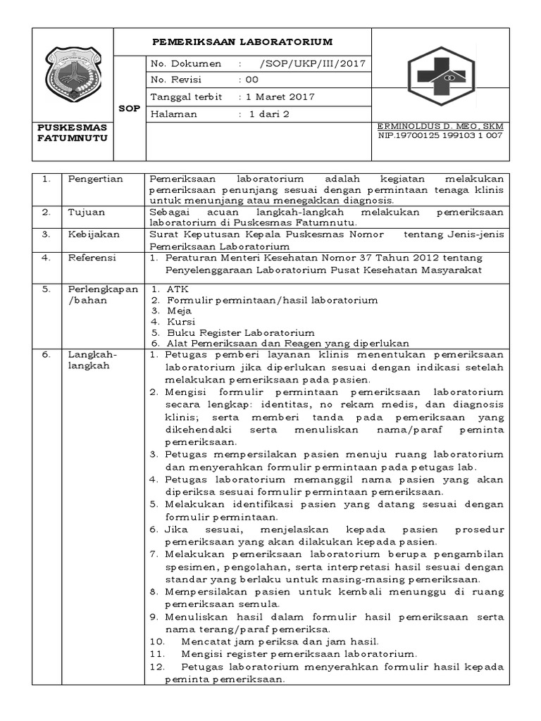 STANDAR OPERASIONAL PROSEDUR PEMERIKSAAN LABORATORIUM DI PUSKESMAS | PDF