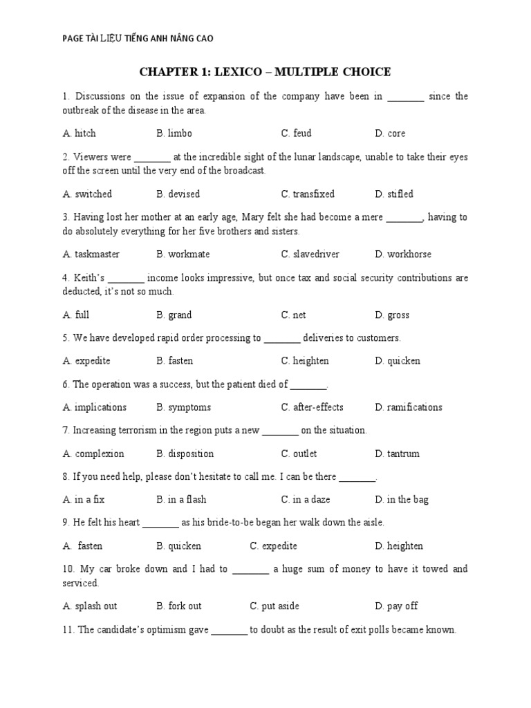 Chapter 1: Lexico - Multiple Choice: Page Tài Liệu Tiếng Anh Nâng Cao | PDF
