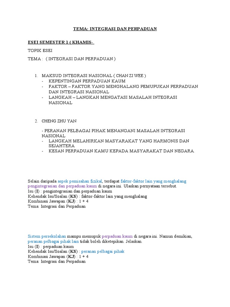 Essei - Tema Integrasi Dan Perpaduan Kaum | PDF