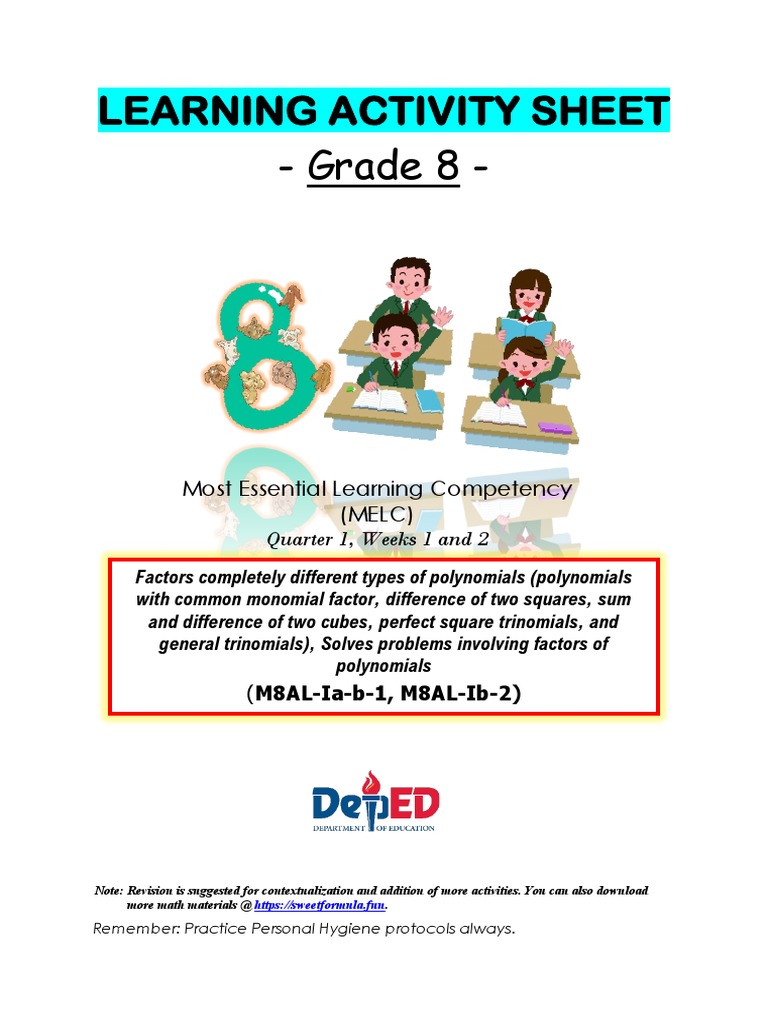 Learning Activity Sheet: - Grade 8 | PDF | Factorization | Polynomial