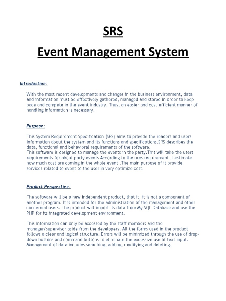 Srs Event Management System PDF Free | PDF | Databases | Graphical User Interfaces