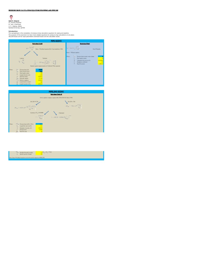 Pressure Drop Calculation Equations For Piping and Pipeline | PDF ...